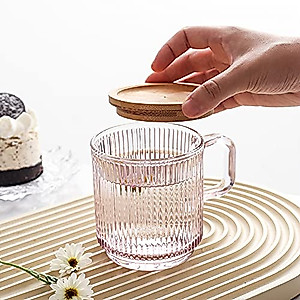Lysenn Pink Glass Coffee Mug with Lid - Premium Classical Vertical Stripes Glass Tea Cup - for |Latte|Tea|Chocolate|Juice|Water| - Unleaded - Bamboo Lid - 12.5 Ounces