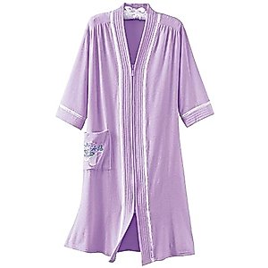 National Women's 3/4 Sleeve Terry Cloth Embroidered Patch Pocket Zip-Up Robe with Satin Trim, Light Purple, Small