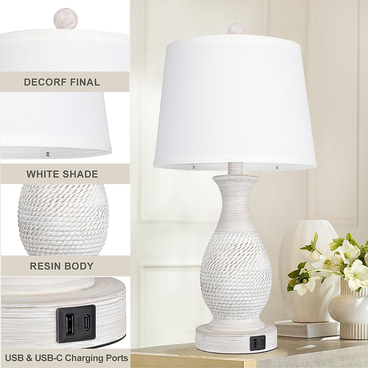 PARTPHONER 【Upgraded】 Table Lamps Set of 2, Bedside Touch Lamp with USB C+A Charging Ports, Side Table Lamp with White Fabric Shade (LED Bulbs Included)
