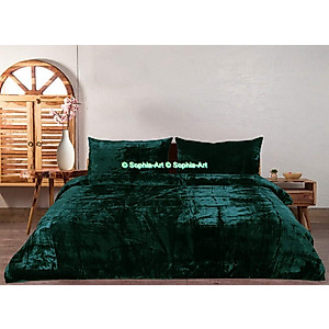 Sophia-Art 3 Pcs Ultra Luxury Rayon Velvet Bedding Boho Solid Duvet Cover UO Comforter Cover (Dark Green, King 90"x104")