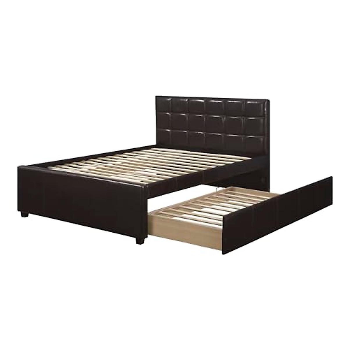 GOWE Full Size Bed w/Trundle Slats Espresso Faux Leather Plywood Kids Youth Bedroom Furniture Wooden Slats Square Box Upholstered Headboard 1pc Bed
