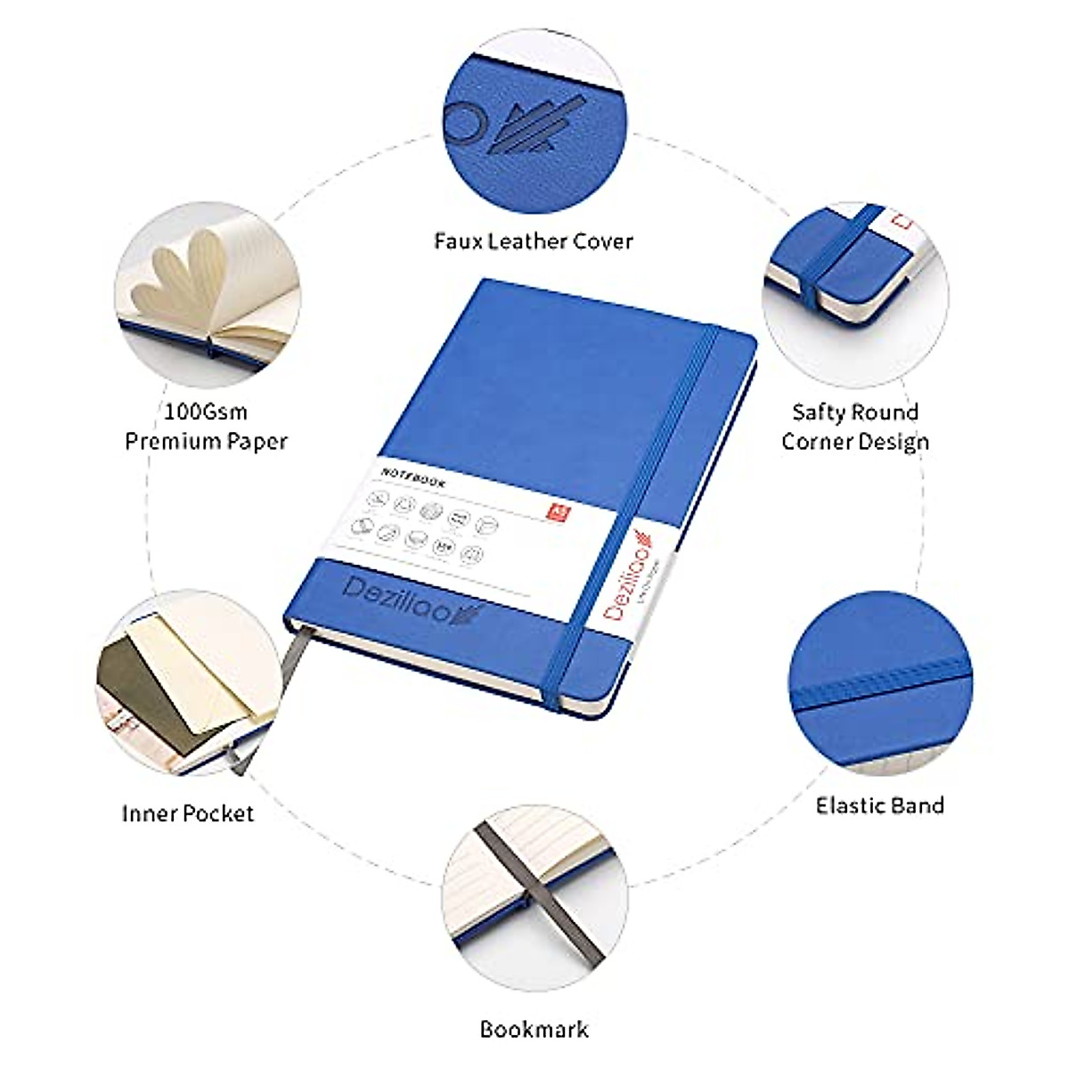 Deziliao Hardcover Notebook Journal 160 Pages, Lined Journal Notebooks for Work, 100Gsm Premium Thick Paper with Pocket, Medium 5.7"x8.4" （Blue, Ruled）