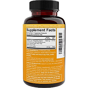Vitamin C with Zinc (250 Veggie Capsules) - Vitamin C 1000mg and Zinc 20mg with Citrus Bioflavonoids and Rose Hips, Immune Support Supplement and Powerful Antioxidant