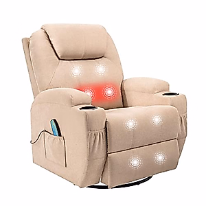 Flamaker Rocking Chair Recliner Chair with Massage and Heating Swivel Ergonomic Lounge Chair Classic Single Sofa with 2 Cup Holders Side Pockets Living Room Chair Home Theater Seat (Beige)