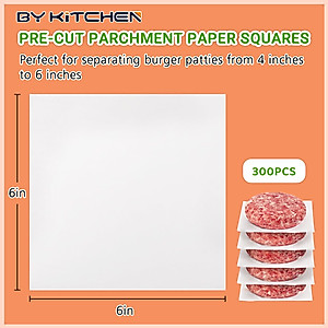 BYKITCHEN Parchment Paper Squares for Burger Press, Set of 300, 6 x 6 Inch Hamburger Patty Paper, Non Stick Patty Paper for Smash Burger Press, Burger Patty Maker, Separating Freezing Burgers & More