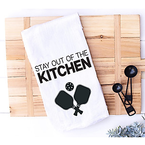 Funny Kitchen Towel - Stay out of the Kitchen Pickleball Dish Cloth - Gift for Him or Her - Pickle Ball Gift - Retirement - Christmas - Mothers Day - Fathers Day - Birthday (Stay Out of the Kitchen)