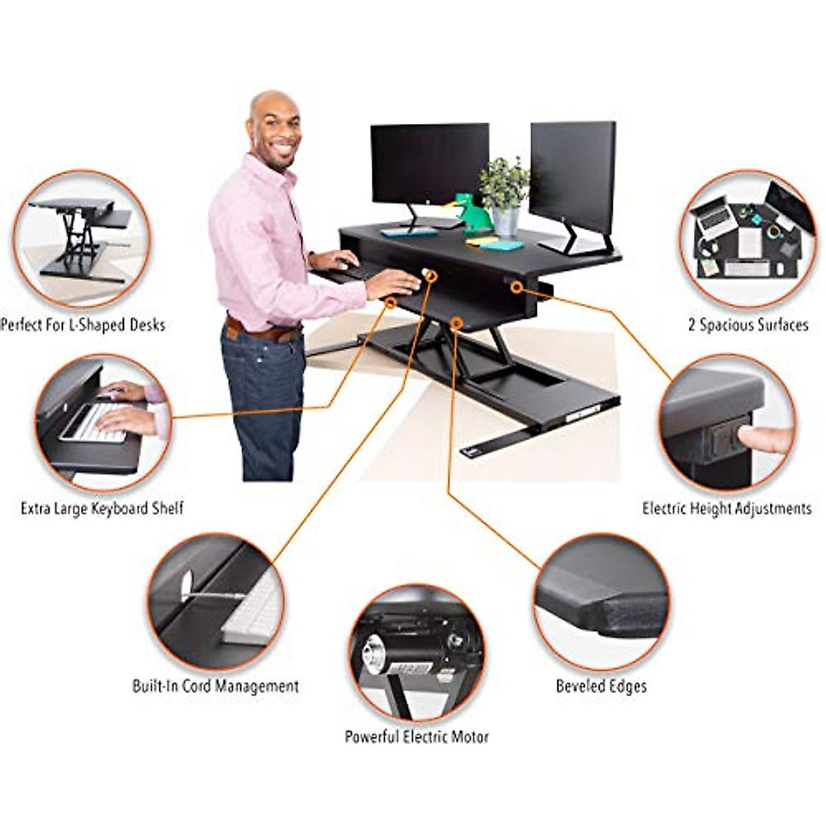 Flexpro Power 40 Inch Electric Corner Desk Converter for Cubicles and L-Shaped Desks with Quiet Height Adjustments, Large Dual Level Sit to Stand Computer Workspace (Black, 44in x 32in)