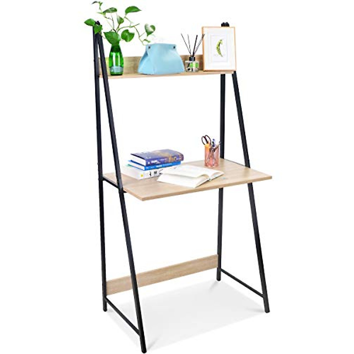 SpringSun 2-Tier Ladder Computer Desk with Storage Bookshelf, Modern Writting Table for Office and Home