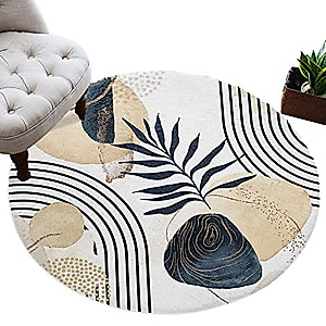Mid Century Area Rug Khaki Brown Geometric Floral Round Rug Fluffy Floor Carpet Soft Rug Minimalist Modern Art Non-Slip Throw Rug 3' Diameter for Living Room, Bedroom, Apartment, Sofa