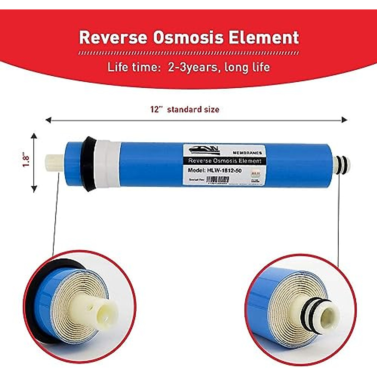 Universal Reverse Osmosis Membrane, 125GPD RO Membrane Replacement Element 12" x 2" Water Filter Replacement for Undersink Home Drinking RO Water Filtration System