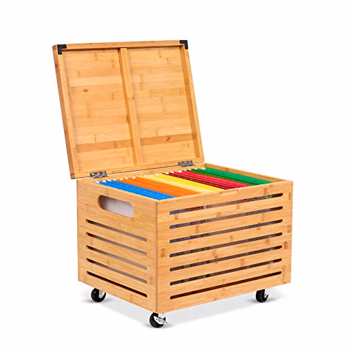 BirdRock Home Rolling File Storage Organizer Box with Lid (NEW VERSION) - Bamboo - Decorative Wood Hanging Filing & Storage Office Box - Letter/Legal - Strong Durable - Toys Blankets Binders - Natural
