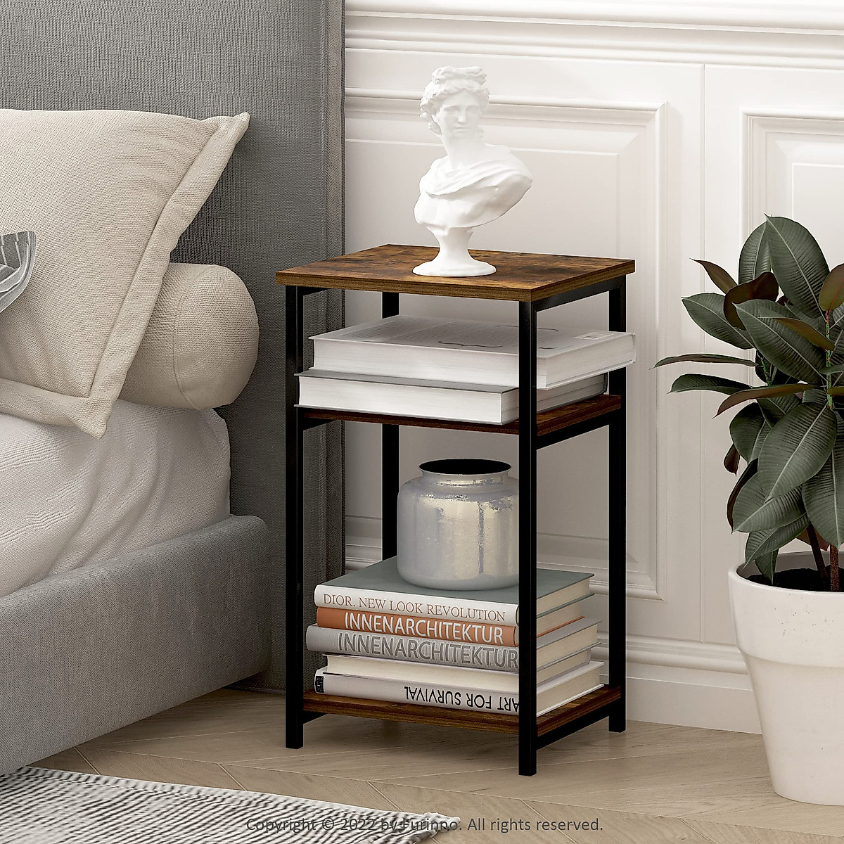 Furinno Just 3-Tier Metal Frame End Table with Storage Shelves, 1-Pack, Amber Pine