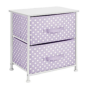 mDesign Small Storage Dresser End/Side Table Night Stand with 2 Removable Fabric Drawers - Organizer for Baby, Kid, and Teen Bedroom, Nursery, Playroom, or Dorm - Light Purple/White Polka Dot