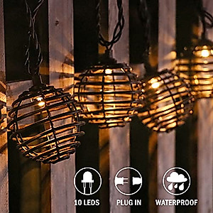 Vigdur Decorative - Rattan Ball String Lights with 10 Led Bulbs Plug in Rattan Lantern String Lights for Patio Garden Backyard Party Decor,9.84FT