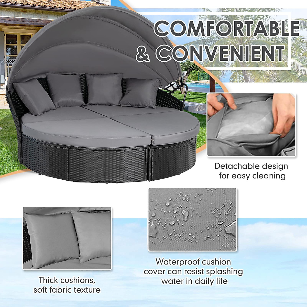 SUNCROWN Outdoor Patio Round Circular Daybed with Retractable Canopy Black Wicker Furniture Sectional Seating seat Patio Backyard Porch Pool