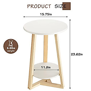 TINSAWOOD Round Side Table, Two-Tier White Side Table for Living Room, Bedroom, Balcony, Office & Small Spaces, Small End Table with Storage Shelf, Easy Assembly