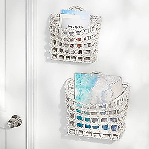 mDesign Woven Hyacinth Hanging Wall Mount Storage Organizer Basket - Rustic Hangable Mounted Market Baskets for Kitchen, Bathroom, Shelf - Holds Floral, Food, and Mail - Set of 2 - White Wash