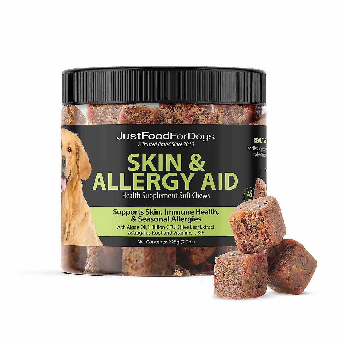 JustFoodForDogs Skin & Allergy Care Soft Chews Supplement for Dogs, Seasonal Allergies, Itchy Skin, Inflammation, Immune Support - 45 Count