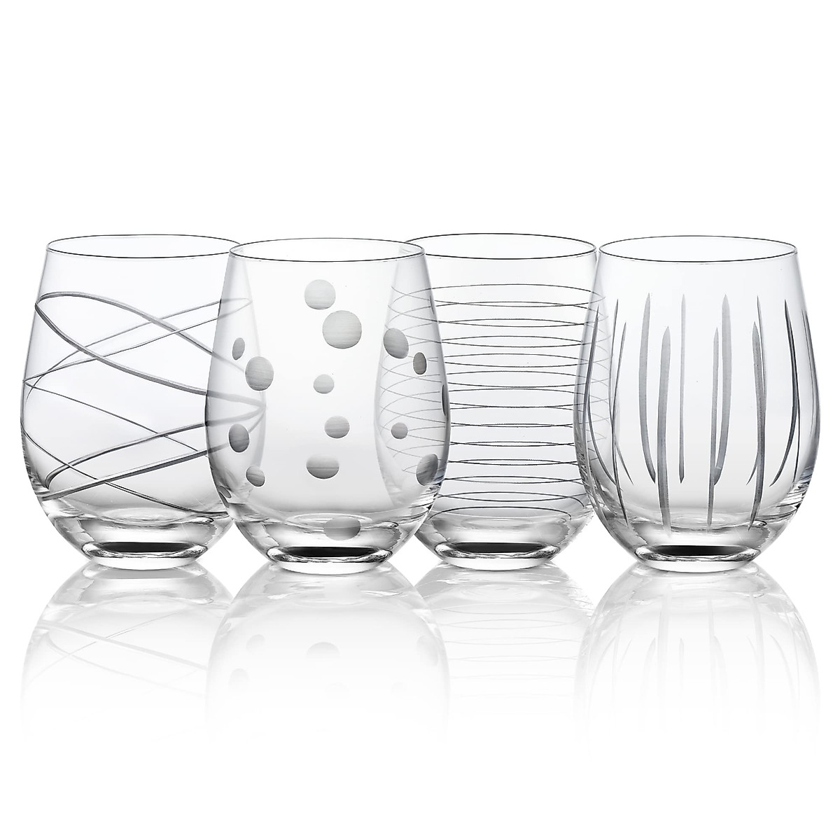 Joeyan Hand Blown Etched Stemless Wine Glasses with Dots Strips Pattern for Red Wine,Large Carved Drinking Glass Cups Tumblers for Wedding Anniversary Party Home,Set of 4,17.5 oz