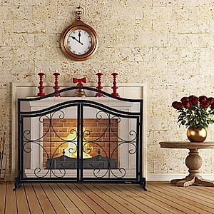 VEVOR Fireplace Screen, 39 x 26.6 Inch, Double Door Iron Freestanding Spark Guard with Support, Metal Mesh Craft, Broom Tong Shovel Poker Included for Fireplace Decoration & Protection, Black