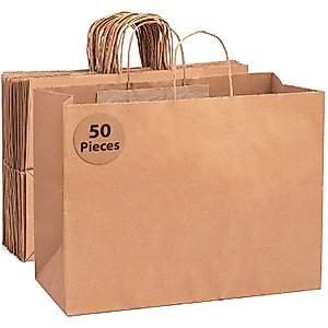 Bilinny Brown Paper Bags with Handles - Large Gift Bags with Handles - 16x6x12 Inches - 50 Pack Kraft Paper Bags - Paper Grocery Bags - Paper Bags for Small Business - Paper Shopping Bags with Handles