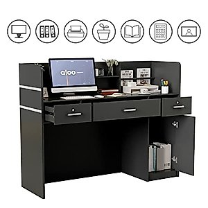 AGOTENI Reception Desk Reception Stations with Open Shelf & Drawers, Wooden Counter Desk with Lockable Drawer for Office Reception Room (Black)