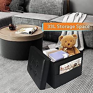 FujDun® Folding Storage Foot Rest Footstool with Side Pocket, Leather Ottoman Seat for Couch, Living Room Bedroom or Dorm,Padded with Thick Sponge,16X12X12in Black