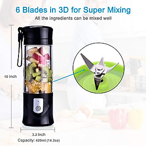 Portable Blender, Cordless Mini Personal Blender Juicer Cup, Single Serve Fruit Mixer, Small Travel Blender for Shakes and Smoothies, with 4000mAh USB Rechargeable Battery, 420ml, BPA-Free (Black)
