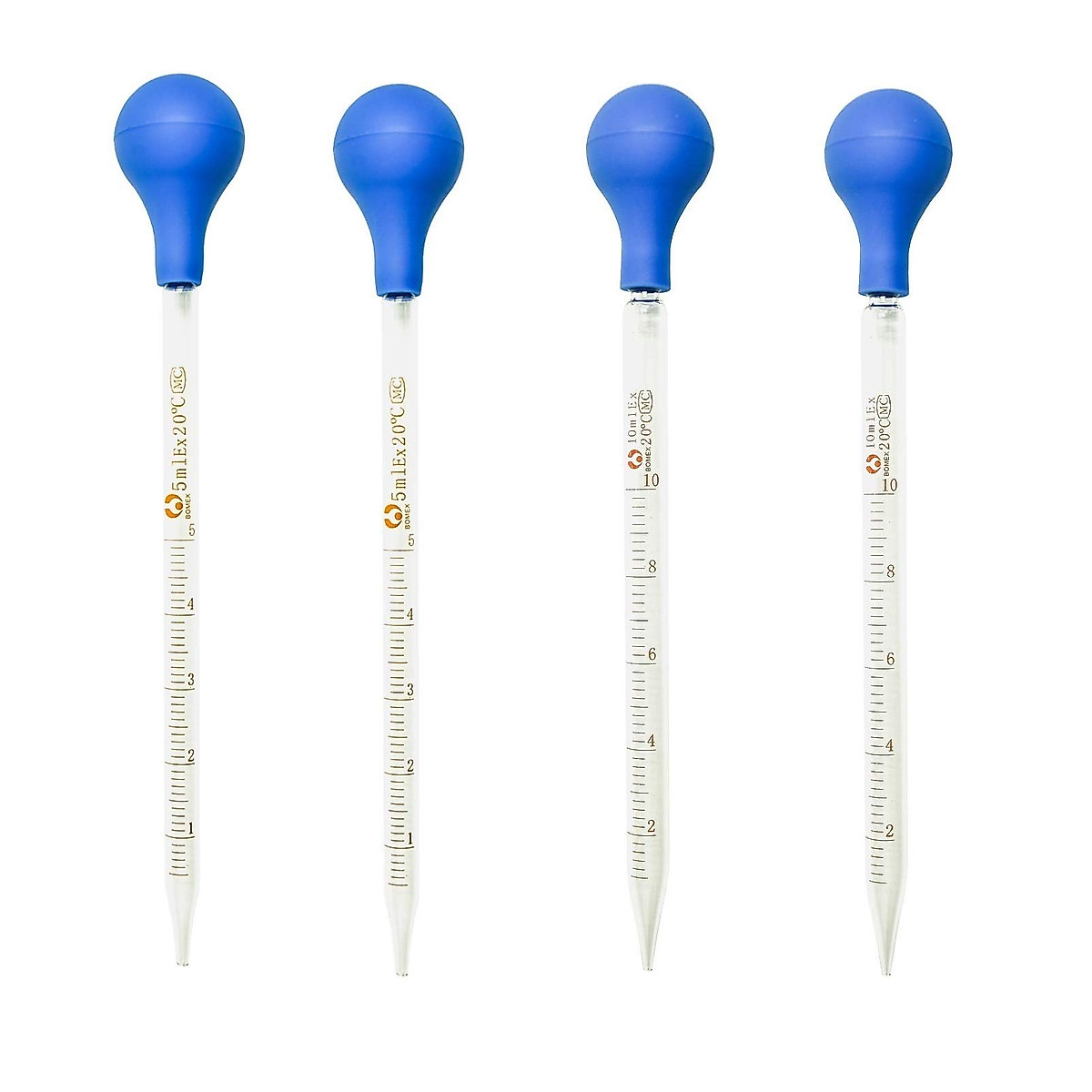 HIBATUL INC 4 Pack 5ml 10ml Glass Graduated Dropper Pipettes Lab Dropper Liquid Essential Oil Transfer with Blue Rubber Cap and Scale