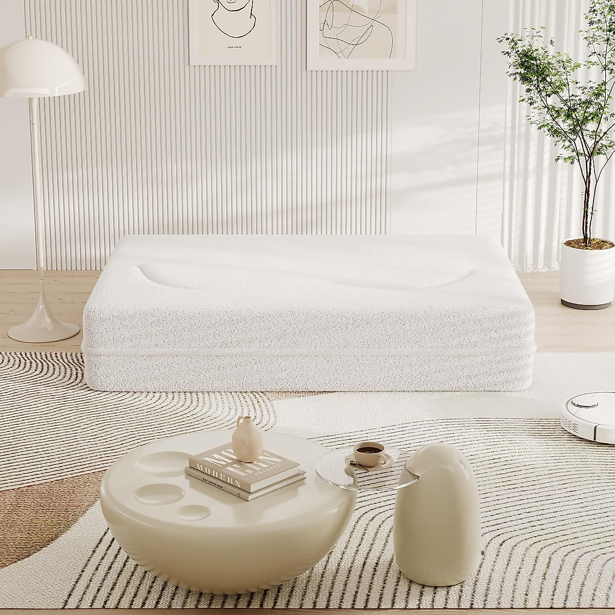 Oval Convertible Floor Sofa Bed, Teddy Cloud Sleeper Sofa Boucle Loveseat Couch Bed with 2 Pillows, 78" Full Size Folding Mattress, for Living Room, Guest Bed, Playroom, No Assembly Required, White