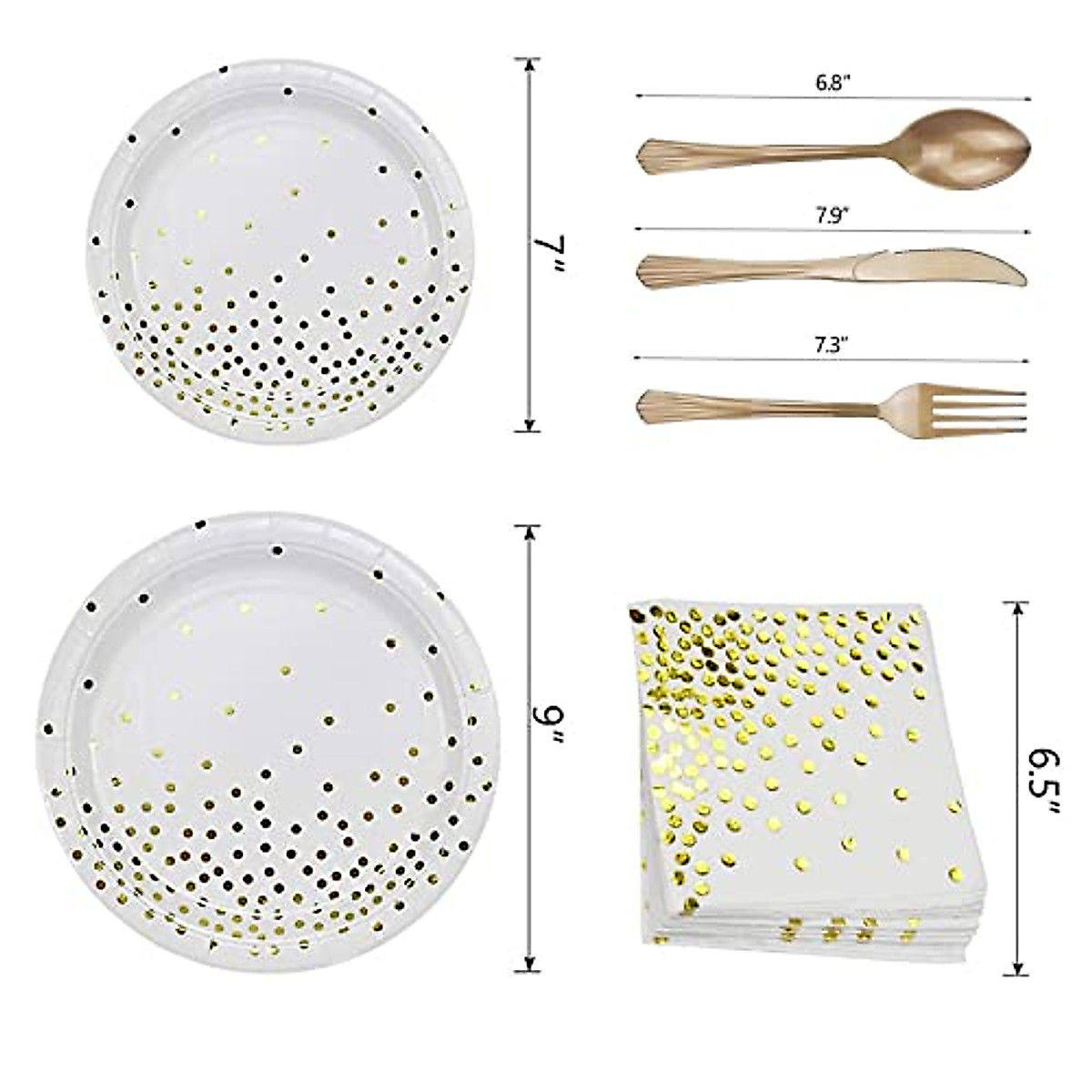 Guang Mao White and Gold Party Supplies-180 PCS Serves 30 Dinnerware Gold Dot Paper Plate, Napkins, Gold Plastic Forks Knives Spoons for Graduation, Birthday, Cocktail Party