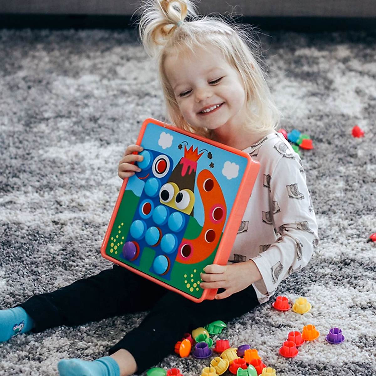 EINSTEM Button Art Toddler Toys Age 3+ Year Old, Early Learning Educational Montessori Toys Color Matching Games Mosaic Pegboard for Boys & Girls Gifts, 10 Pictures 46 Buttons and Pink Storage Box