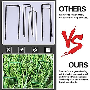 Bakulyor 100pcs Green Artificial Turf Stakes Staples + 100pcs Buffer Washer, 6 Inch 11 Gauge Landscape Staples, Galvanized Lawn Spikes, Heavy Duty Yard Ground Pin for Grass Weed Barrier Sod Fabric