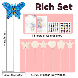 Pllieay Princess Fairy Wands Kit Include 18 Pieces 6 Styles Unfinished Wooden Princess Wand and 4 Gem Stickers Princess Art Magical Show for Party Supplies
