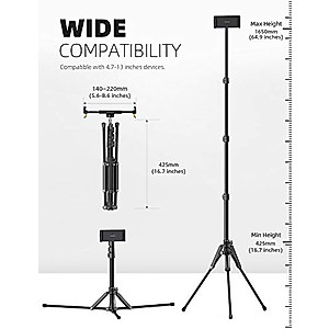 Lamicall Tablet Floor Tripod Stand - 64.9" Tablet Holder Mount with Adjustable Height for Stream/Watching with Bluetooth Remote, for iPad Pro 12.9, Mini, Air, iPhone and 4.7-13" Tablet and Cellphone