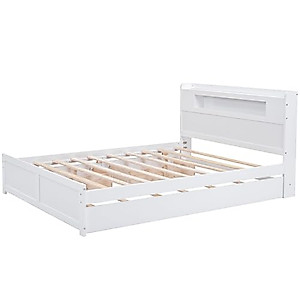WOODRK Queen Size Storage Platform Bed Frame with Multifunctional Headboard with LED and Storage Shelves, Modern Wooden Beds with 2 Drawers and 1 Twin Size Trundle, for Bedroom, Easy Assembly, White