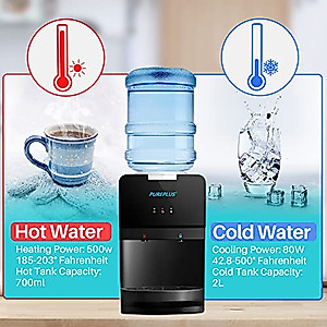 PUREPLUS Water Cooler Top Loading Countertop Water Cooler Dispenser, Hot & Cold Water, Child Safety Lock, Holds 3 or 5 Gallon Bottles, Compression Refrigeration Technology, White
