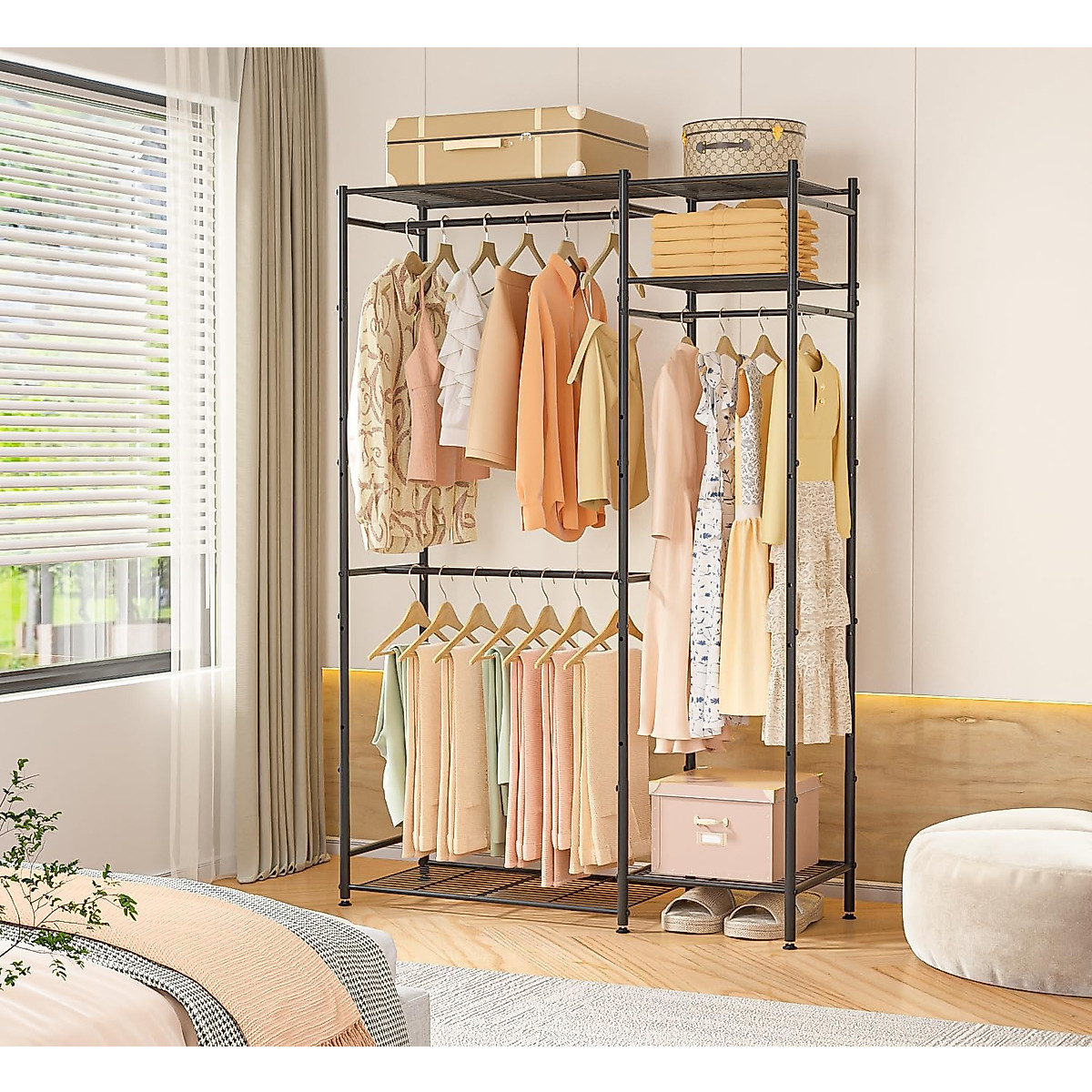 Portable Closets for Hanging Clothes, Freestanding Clothing Rack with 3 Hang Rods & 5 Shelves, Metal Wardrobe Garment Rack for Bedrooms Entrances