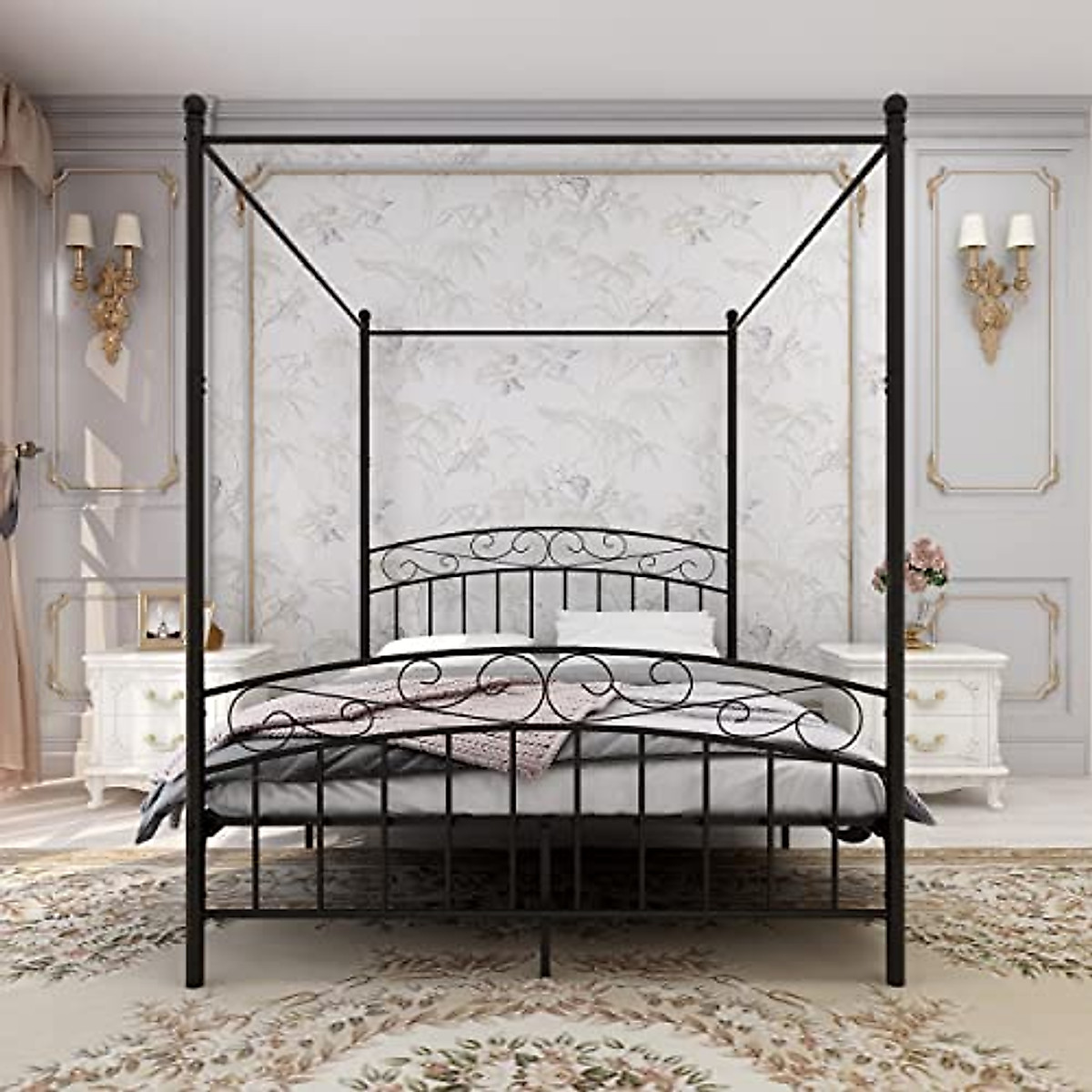 ZIRUWU Queen Size Sturdy Metal Canopy Bed Frame with Headboard Footboard Steel Slats Support Easy Assembly No Box Spring Needed,Black