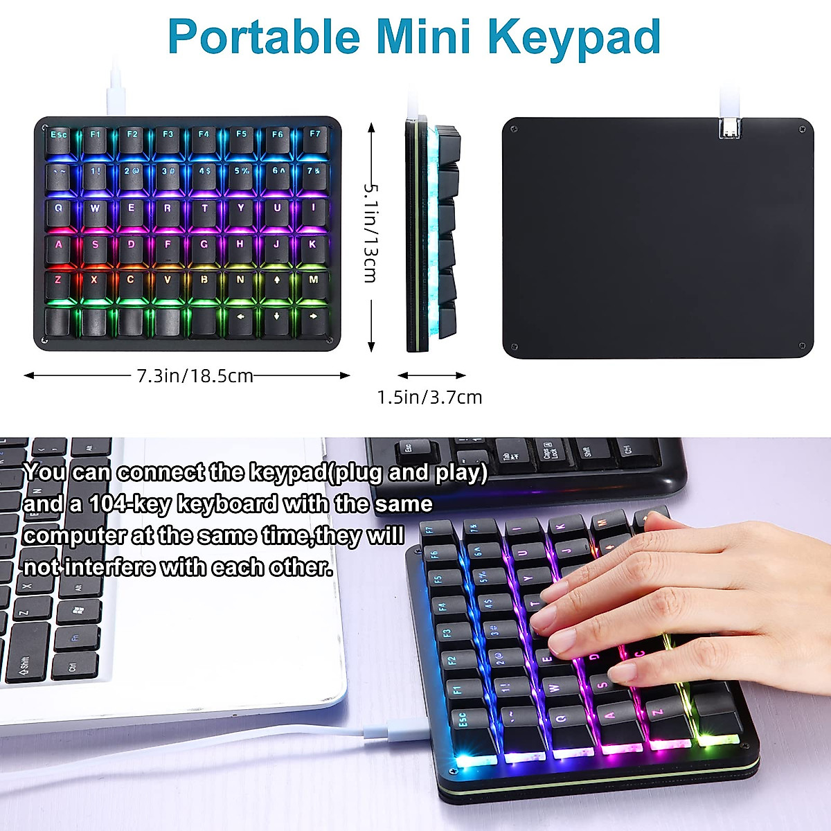 Koolertron One Handed Mechanical Gaming Keyboard, 48-Key Fully Programmable Mini Keypad, Mini USB Macro Keyboard with RGB LED Backlit, for Windows PC Gamer