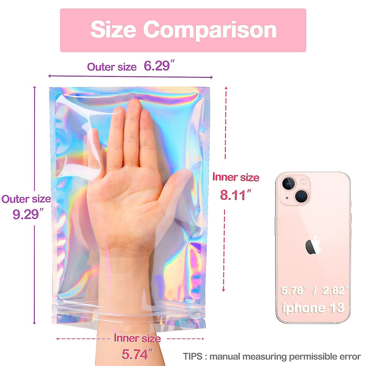 Trunple Smell Proof Bags & Resealable Foil Pouch Sample Bag [100 PCS ] Great for Party Favor Food Storage (Holographic Color) (6x9 Inch)