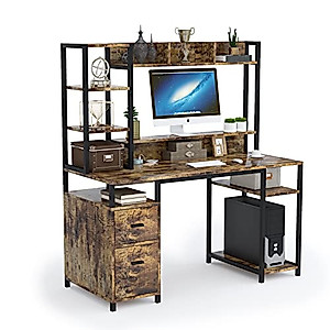 PAKASEPT Computer Desk with Hutch and Storage Shelf, 55" Home Office Desk with Drawer and Monitor Stand Riser Drawer Industrial Study Writing Table Workstation for Home and Office