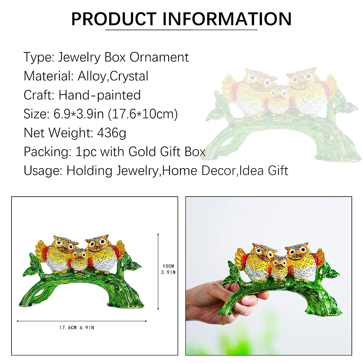 YU FENG 6.9inch Hand-painted Enamel Owl Family On Branch Figurine Trinket Box Collectible Hinged Jewelry Organizer Ring Earrings Storage Unique Home Decor Gift