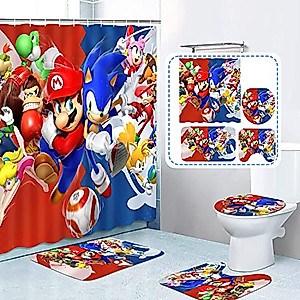 YQPBZCHH 4 Piece Cartoon Shower Curtain Sets with Non-Slip Rug,Toilet Lid Cover and Absorbent Carpet Bath Mat,Durable Waterproof Shower Curtain with 12 Hooks for Bathroom (B)