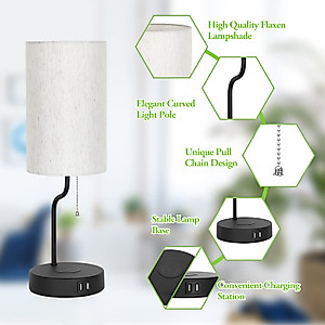 Wireless Charging Bedside Lamps with 2 USB Ports, Set of 2 Table Lamps for Bedroom, Modern Nightstand Lamps, Desk Lamps with E26 Socket Round Fabric Lampshade for Living Room Office Reading Working