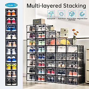 Clemate 15 Pack Shoe Storage Boxes, Clear Plastic Stackable Shoe Organizer for Closet, Shoe Box with Magnetic Door, Foldable Shoe Storage Bin, Sneaker Storage Box Shoe Rack Container Holder