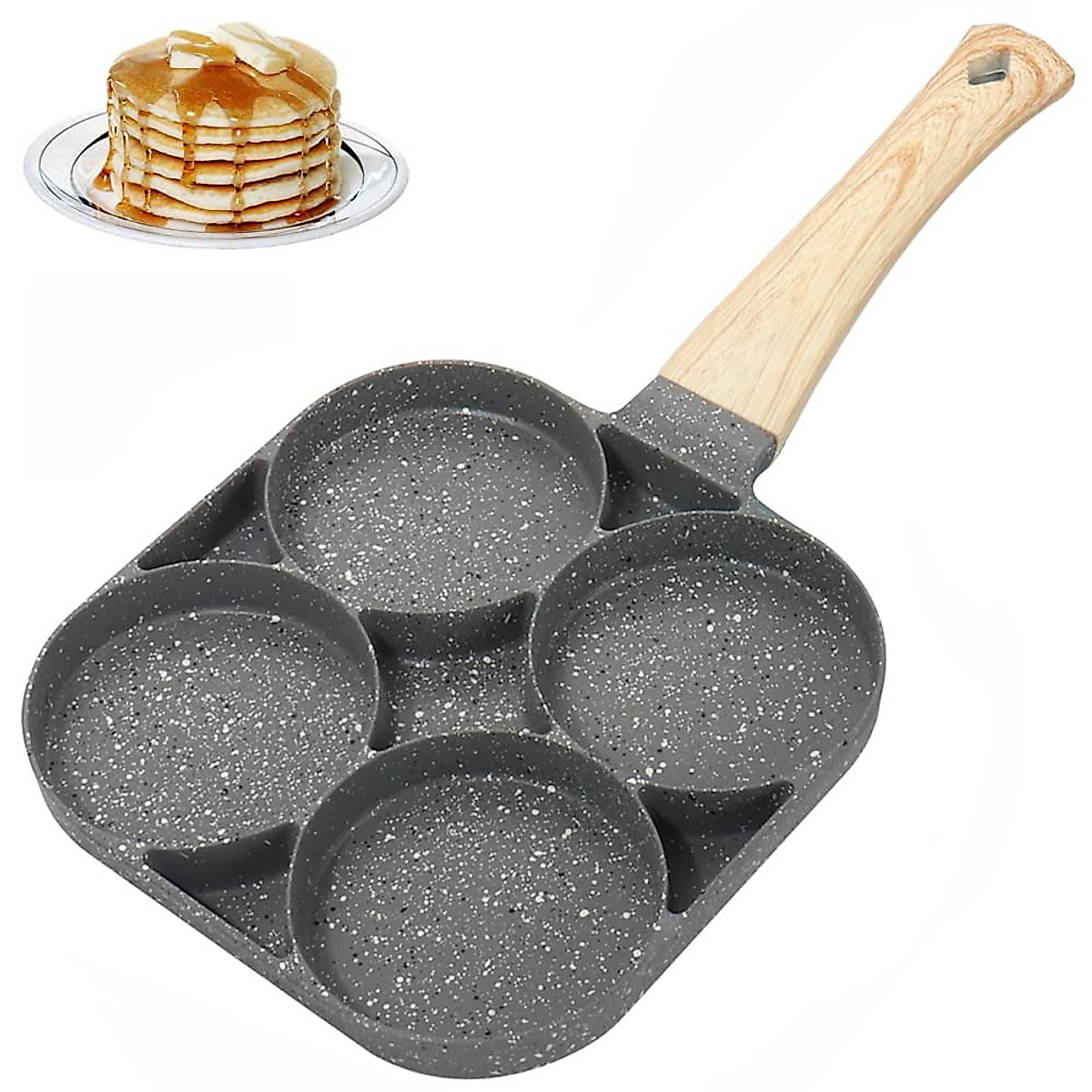 SI FANG 4-Cup Nonstick Egg Frying Pan Pancake Omelette Pan, Aluminium Alloy Fried Egg Pan With Wood Handle, 100% PFOA Free Egg Cooker Non Stick Egg Skillet for Egg Mcmuffin, Omelet, Burgers