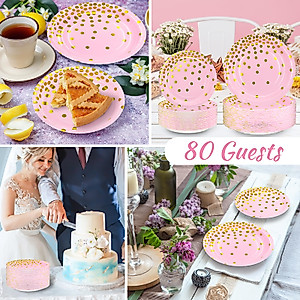 DYLIVeS 80 Count Pink and Gold Paper Plates, 7 inch Metallic Foil Polka Dots Disposable Dessert Party Plates Cocktail Party Supplies Plates for Birthday, Bridal Shower, Easter, Graduation Party