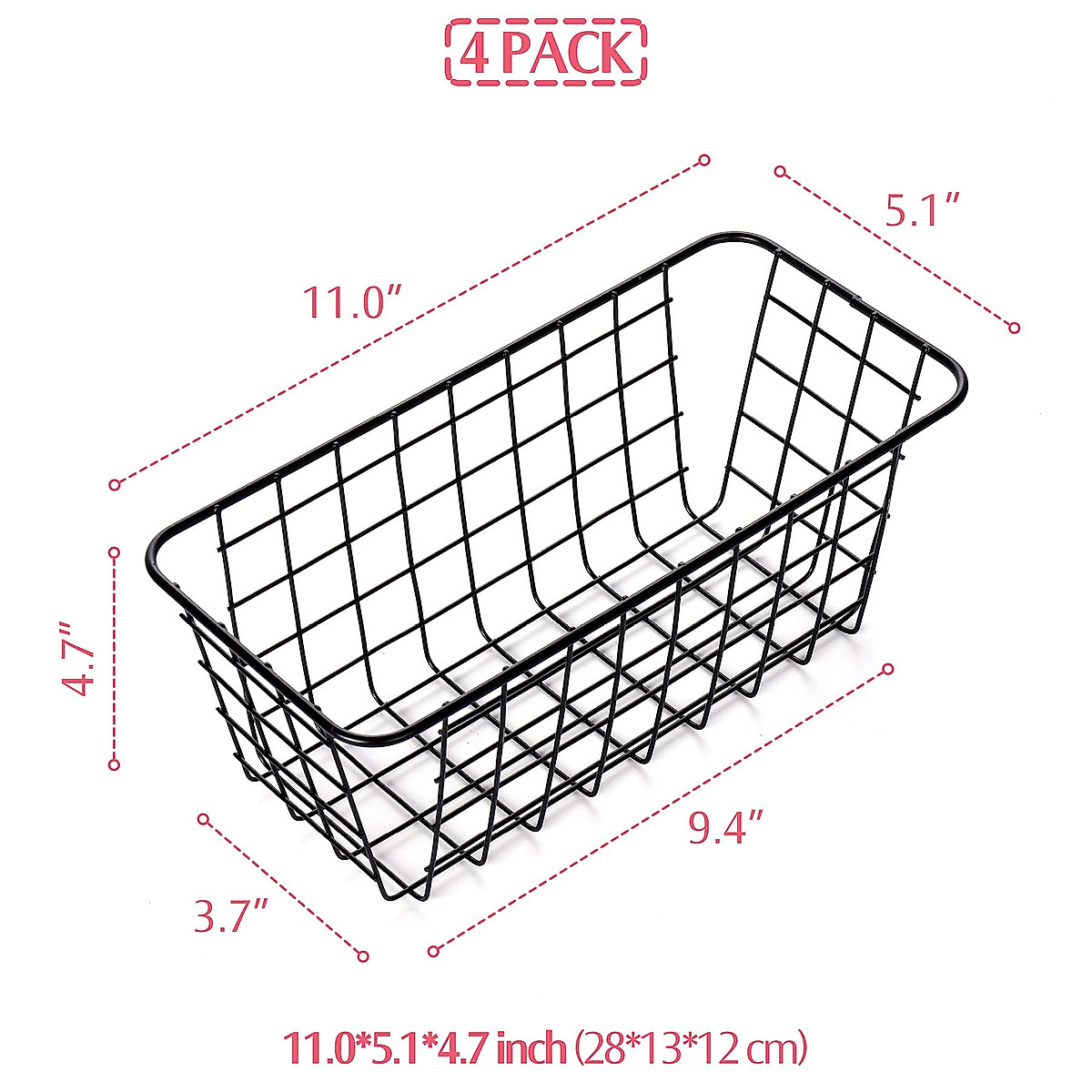 XINFULL 4 Pack Wire Storage Baskets Household Metal Wall-Mounted Containers Organizer Bins for Kitchen Bathroom Freezer Pantry Closet Laundry Room Cabinets Garage Shelf, Medium