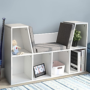 VEIKOU Kids Bookcase with Reading Nook 6-Cubby Kids Bookshelf Organizer for Kids Reading Nook, Kids Bookcase with Grey Cushion, White